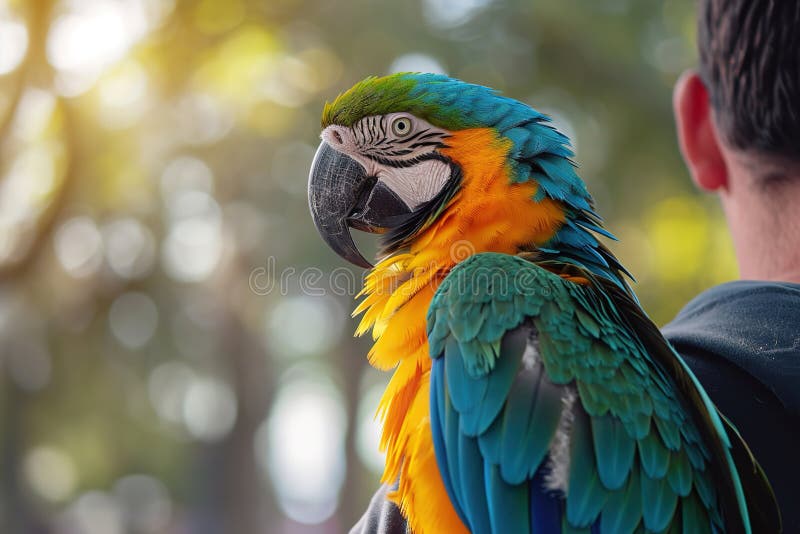 A Parrot Perched on a Man S Shoulder. Back Side View. Stock ...