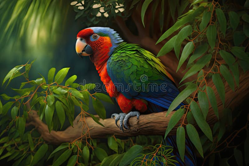 Parrot Perched on Tree Branch, Surrounded by Lush Jungle Greenery Stock ...