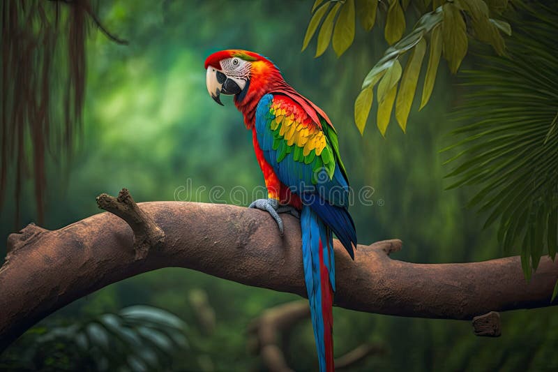 Parrot Perched on Tree Branch, Surveying Jungle Stock Illustration ...