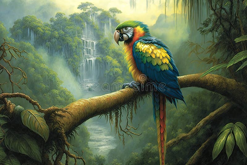 Parrot Perched on Tree Branch, Surveying Jungle Landscape Stock ...