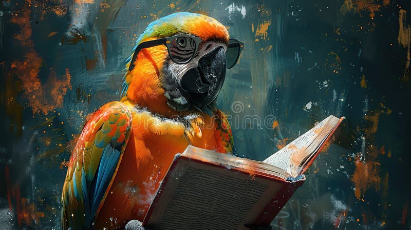 A Parrot Reading a Book with Glasses Stock Illustration - Illustration ...