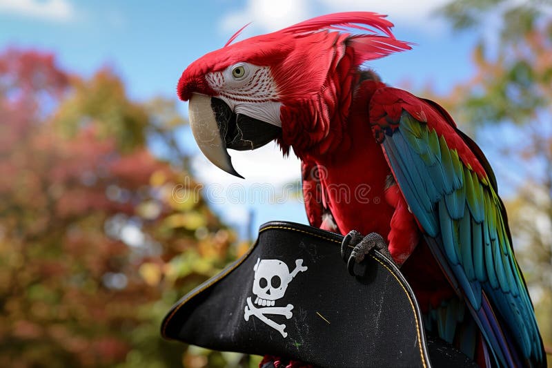 Parrot with Red Feathers on Black Pirate Hat Outdoors Stock Photo ...