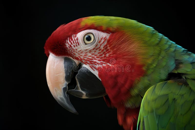 A Parrot with a Red and Green Face and a Black Back Ground with a Black ...