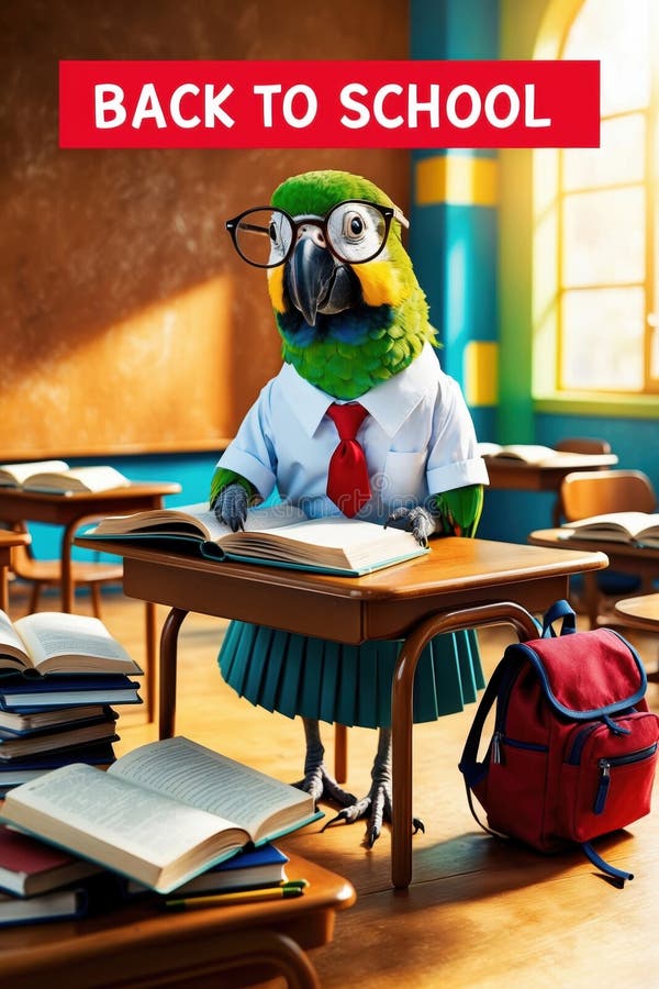 Parrot in School Uniform Reading Stock Illustration - Illustration of ...