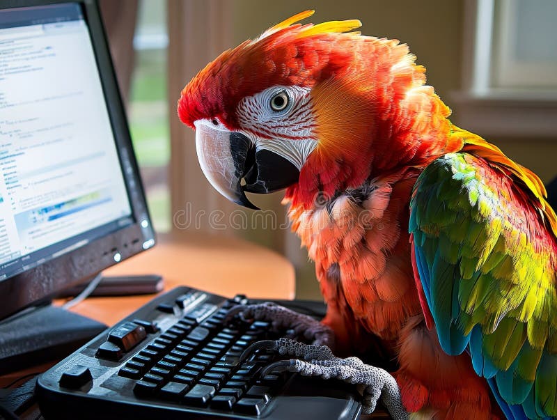A Parrot Sits on a Keyboard in Front of a Computer Screen, Looking at ...