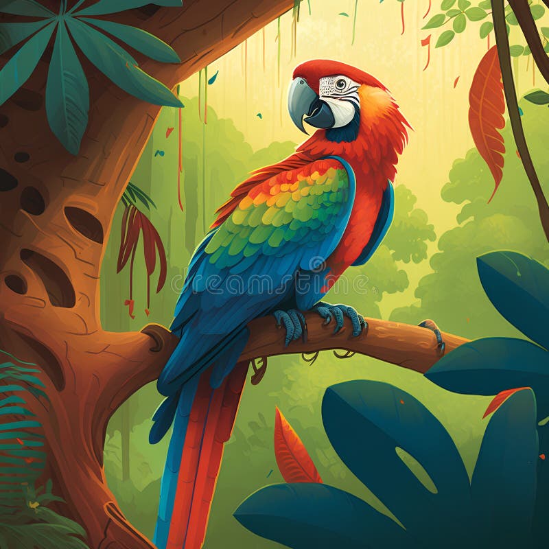 Cute Parrot Sitting on a Branch in the Jungle. Vector Illustration ...