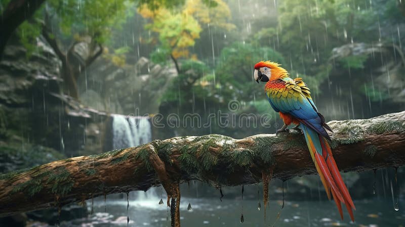 Parrot is Sitting on a Branch Near a Waterfall. Generative Ai Stock ...