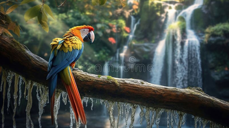 Parrot is Sitting on a Branch Near a Waterfall. Generative Ai Stock ...