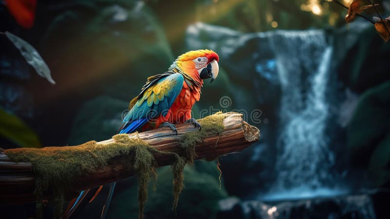 Parrot is Sitting on a Branch Near a Waterfall. Generative Ai Stock ...