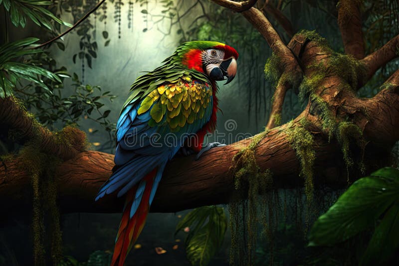 Parrot Sitting on Tree Branch, Looking Down at Jungle Floor Stock ...