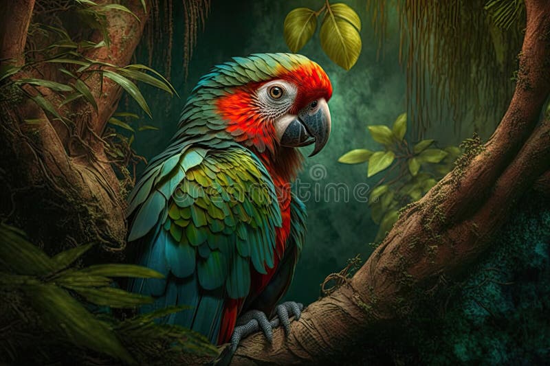 Parrot Sitting on Tree Branch, Looking Down at Jungle Floor Stock ...
