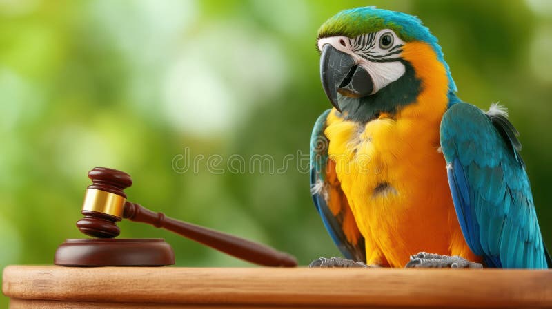 A Parrot Sitting on a Wooden Table Next To a Gavel, AI Stock Image ...