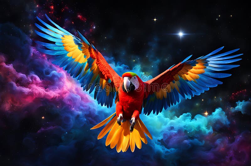 Parrot Soaring through a Cosmic Nebula, Vibrant Feathers Casting Colors ...
