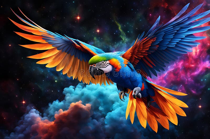 Parrot Soaring through a Cosmic Nebula, Vibrant Feathers Casting Colors ...