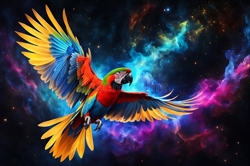 Parrot Soaring through a Cosmic Nebula, Vibrant Feathers Casting Colors ...