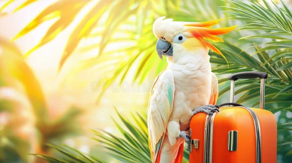 Parrot on a Suitcase on a Beach Background. Selective Focus Stock Image ...