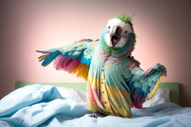 Parrot in a Terry Bathrobe Joyfully Jumping on Bed, Created with ...