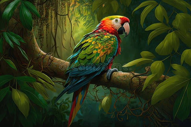 Parrot on Tree Branch, Surrounded by Lush Jungle Stock Photo - Image of ...