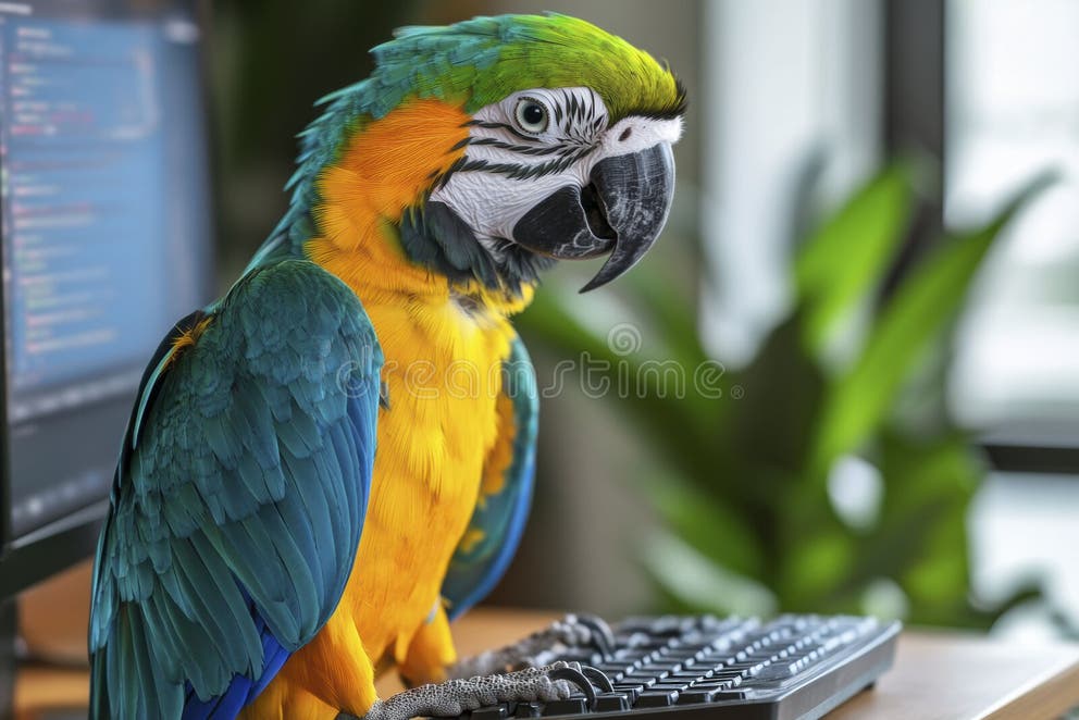 Parrot Typing on Keyboard at Desk with Computer in Office Setting Stock ...