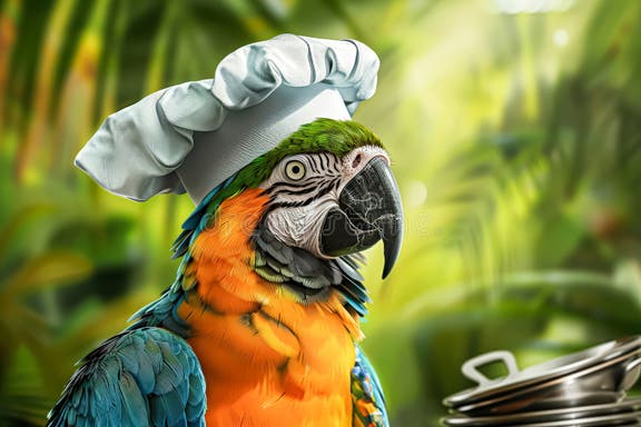 Parrot Wearing a Chef S Hat and Standing in Front of a Pan Stock Image ...