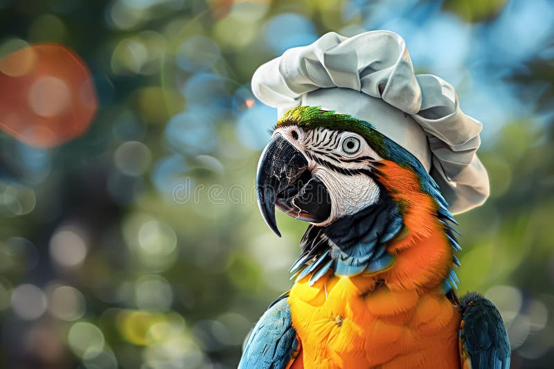 Parrot Wearing a Chef S Hat and Standing in Front of a Tree Stock Photo ...