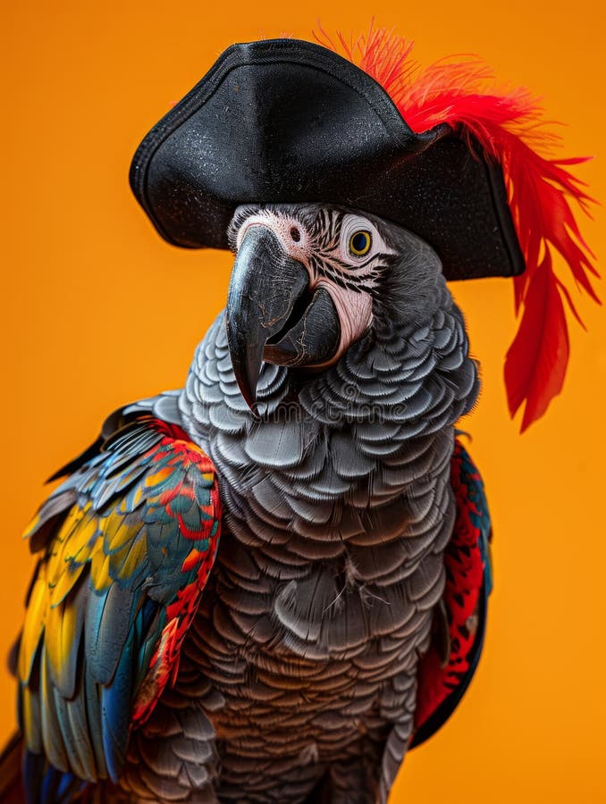 Parrot Wearing a Pirate Hat with an Orange Background Stock Image ...