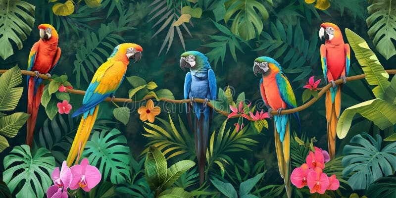 Parrots in the jungle. stock illustration. Illustration of parakeet ...