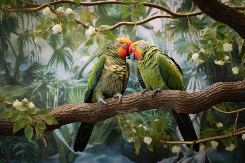 Parrots Preening Each Other on a Lush Green Tree Stock Image - Image of ...
