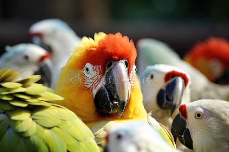 Parrots Squawking in a Crowd Versus a Lone Parrot Preening Stock Image ...