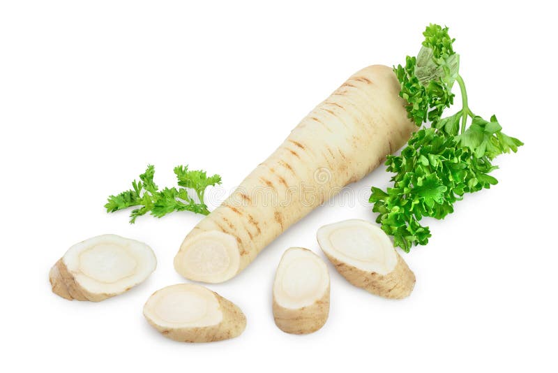 Parsley Root with Slices and Leaves Isolated on White Background Stock ...