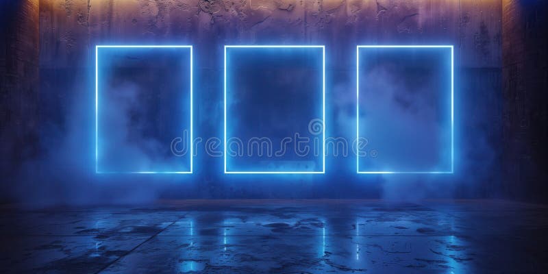 Three Blue Neon Glowing Blank Picture Frames on a Dark Navy Background ...