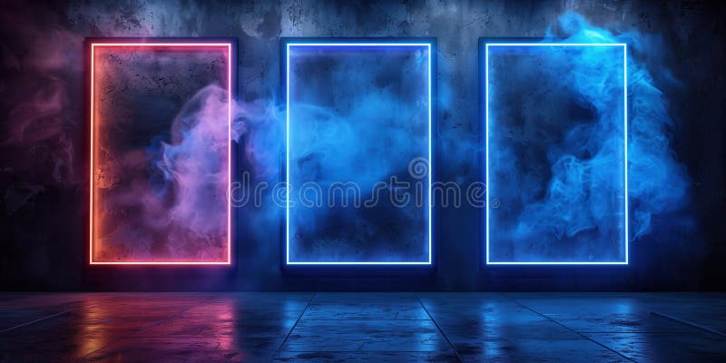 Three Blue Neon Glowing Blank Picture Frames on a Dark Navy Background ...