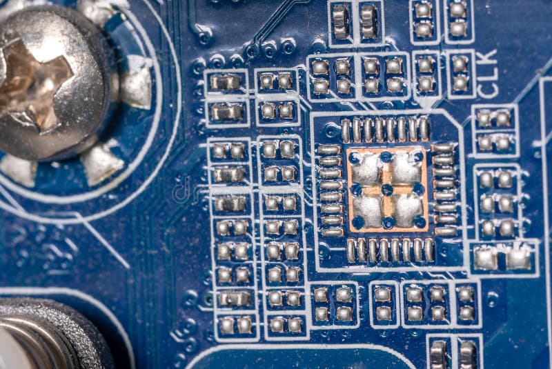 Part of the Blue Motherboard Inside the Computer Covered in Dust Stock ...