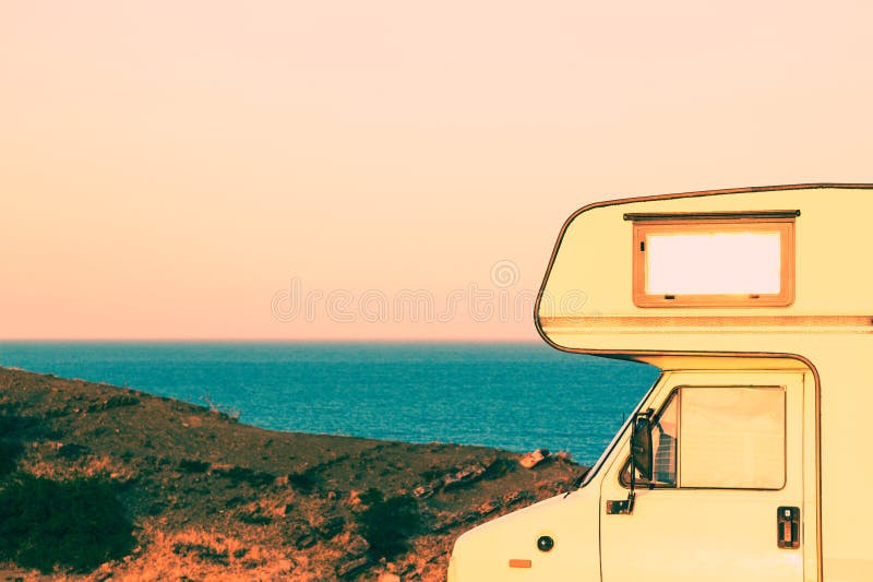 Part of Camper on the Seashore at Sunset Stock Image - Image of hippie ...