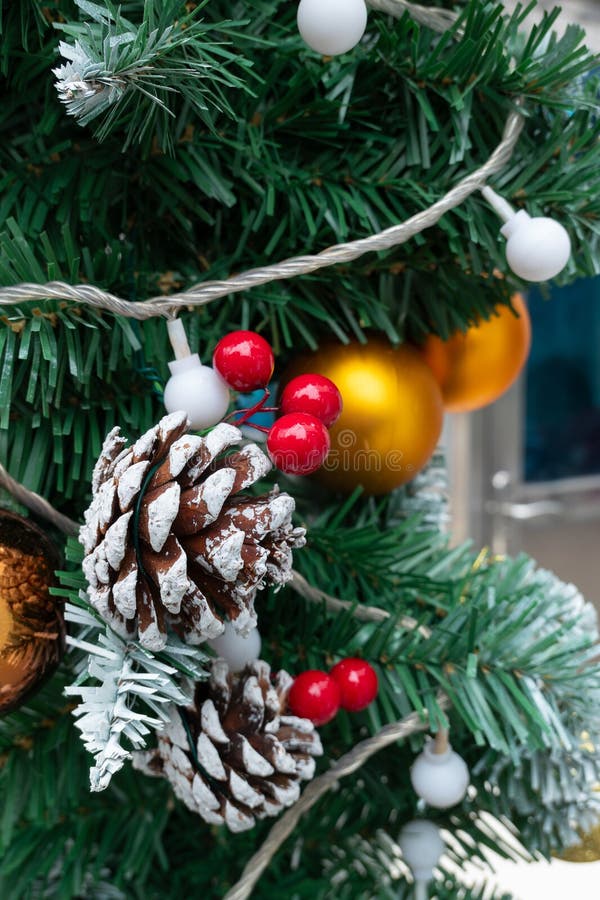 Part of Christmas Tree with Decorations Close Up Vertical Composition ...