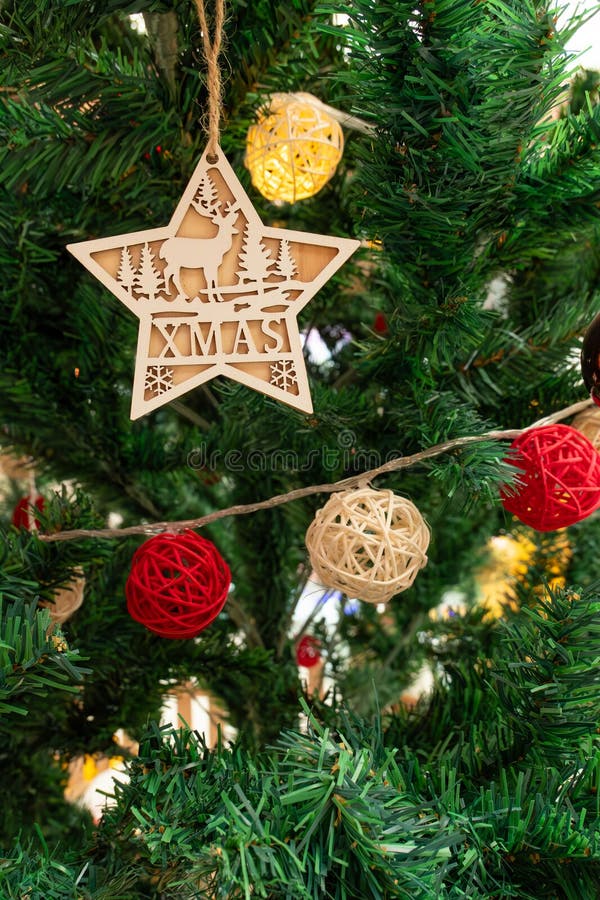 Part of Christmas Tree with Decorations Close Up Vertical Composition ...