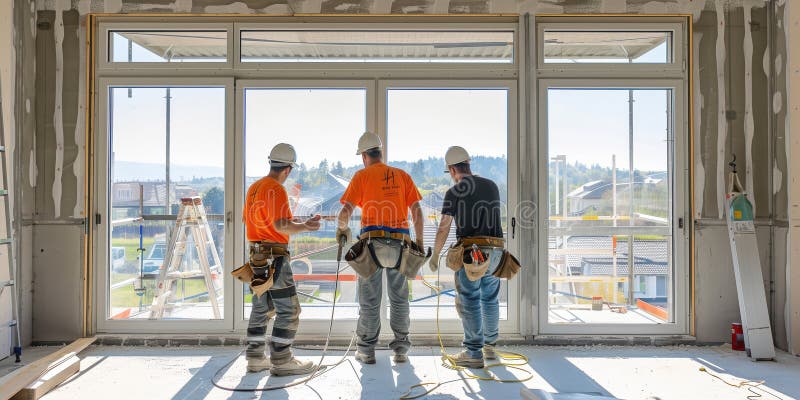 Construction Workers Installing a Large Window Glazing into Place in a ...
