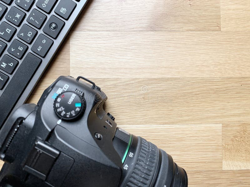 Part of Digital Camera and Pc Keyboard on Wood Stock Image - Image of ...