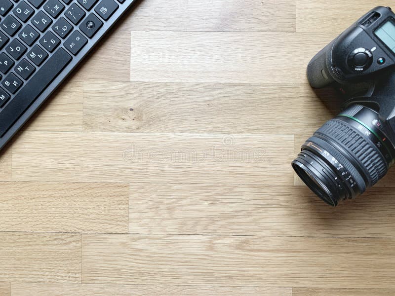 Part of Digital Camera and Pc Keyboard on Wood Stock Image - Image of ...