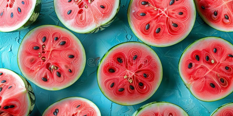 Fresh Watermelons Cut in Half Laying Flat in an Overhead View in a ...