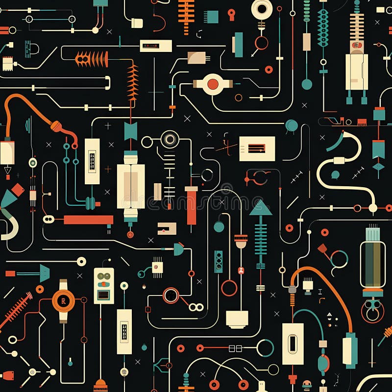Part Futuristic Part Retro Pattern with Various Electrical Components ...