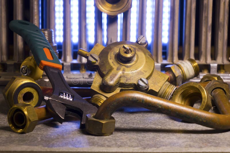 Part of Gas Boiler, Water Fittings and Adjustable Spanner Stock Photo ...