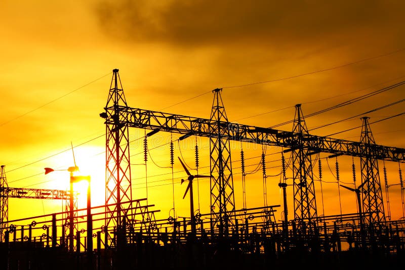 Part of High Voltage Substation at Sunset. Stock Image - Image of ...