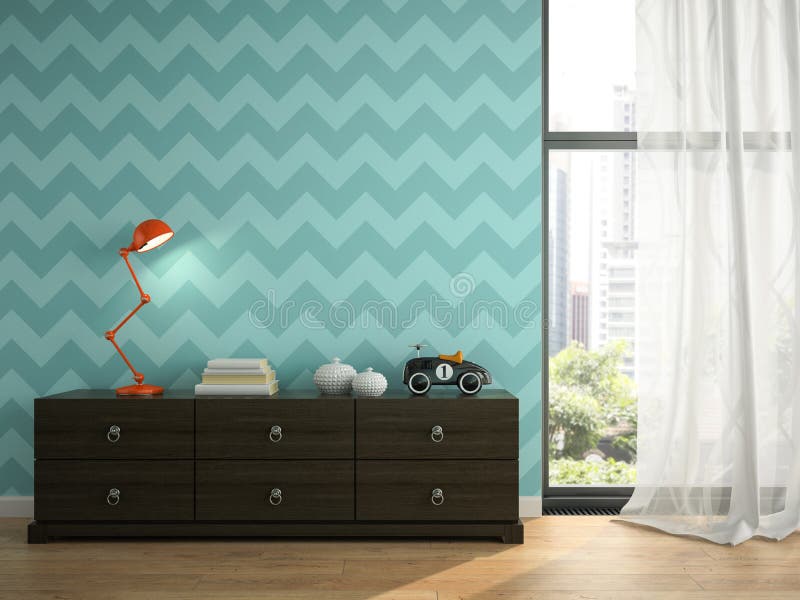 Part of Interior with Blue Wallpaper 3D Rendering Editorial Image ...