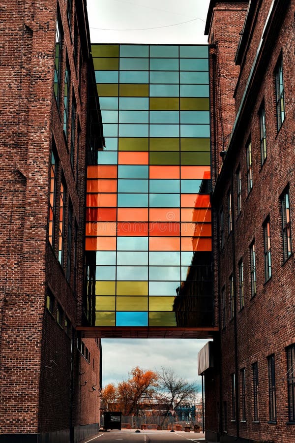 Part of Modern Glass Panels Facade and Loft Brick Wall with Windows ...