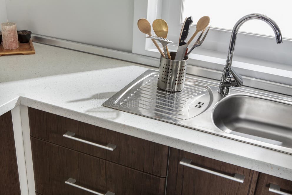 Part of Modern Kitchen Sink with Drawers and Handles Stock Photo ...