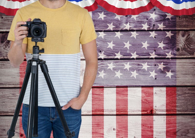 Part of a Photographer Standing on an American Flag Background Stock ...