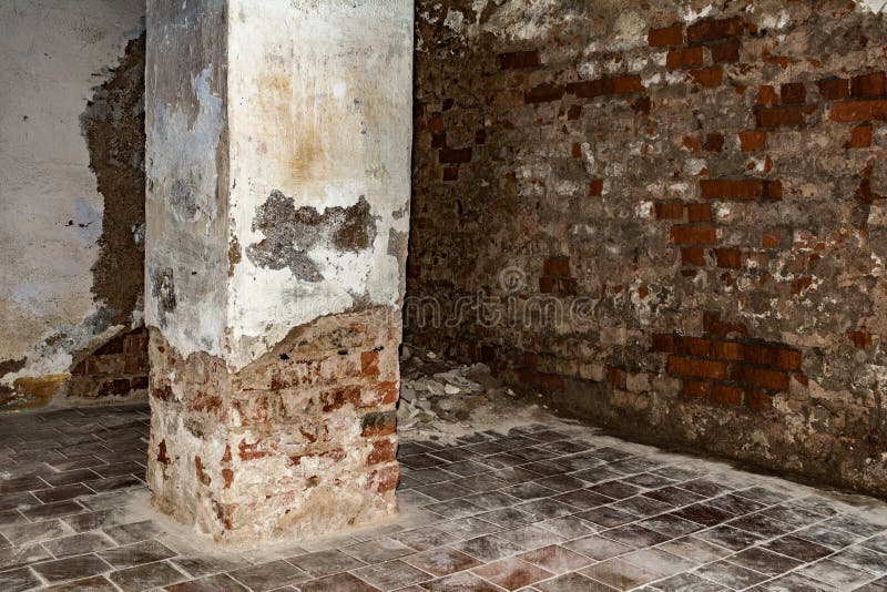 Part of the Room with Destroyed Brick Walls, Rectangular Column with ...