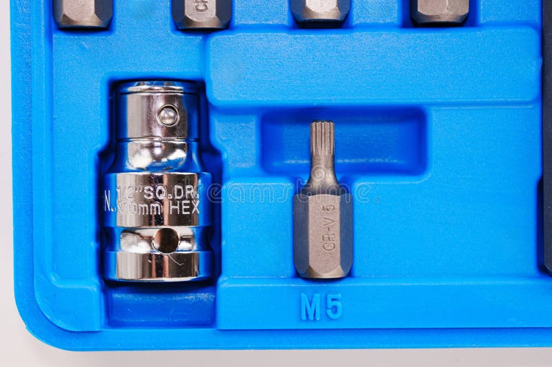 Part of a Set of Single-sided Chrome Steel Bits in a Blue Plastic Box ...