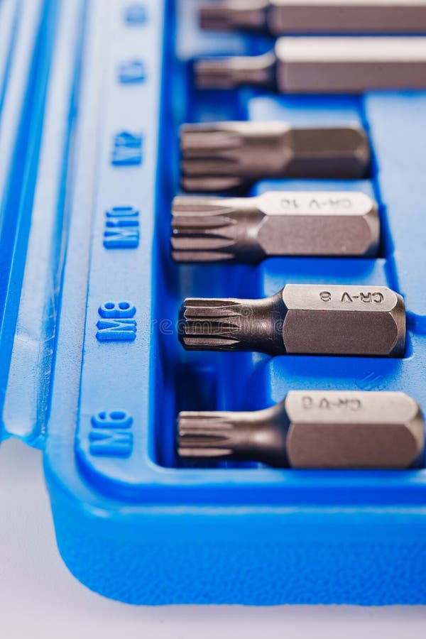 Part of a Set of Single-sided Chrome Steel Bits in a Blue Plastic Box ...